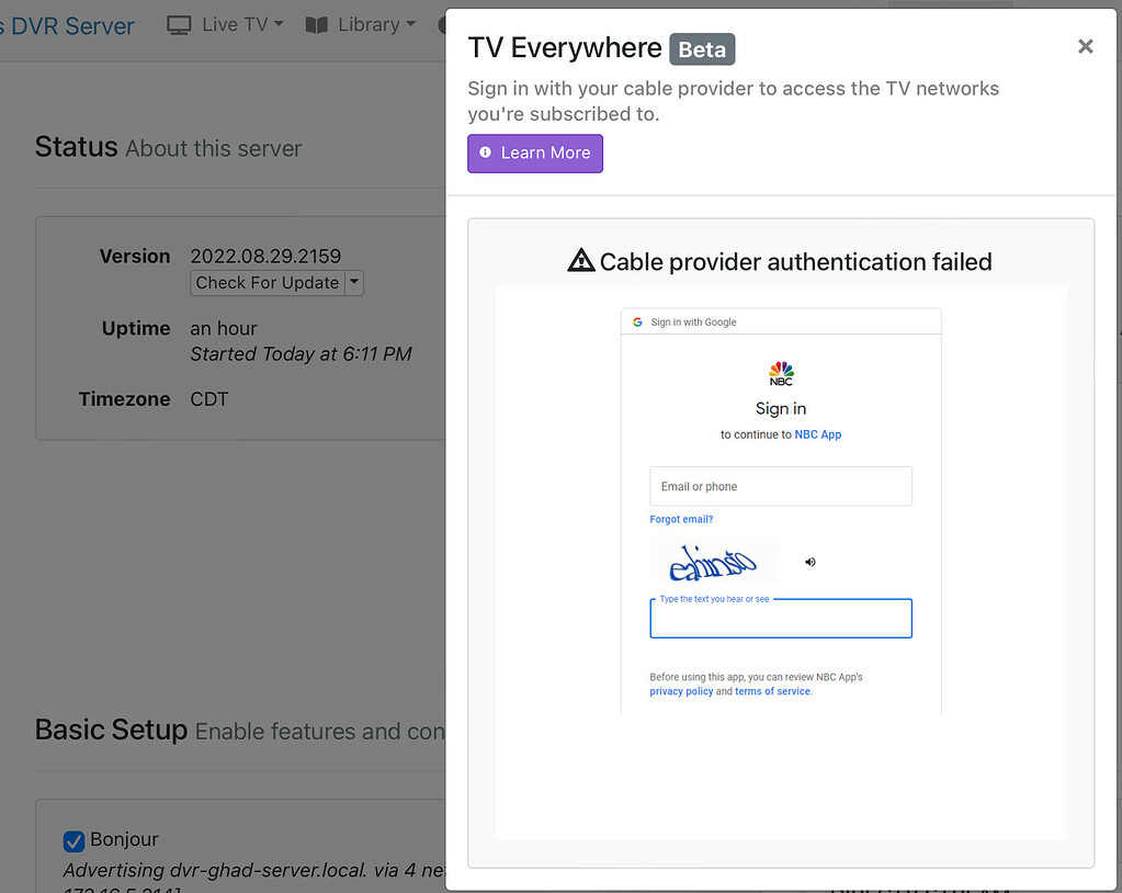 DVR Server Beta TVE Issue - DVR Beta - Channels Community